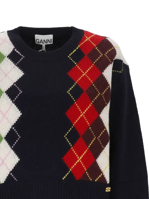 GANNI Wool Blend Diamond Pattern Knit Sweater - No