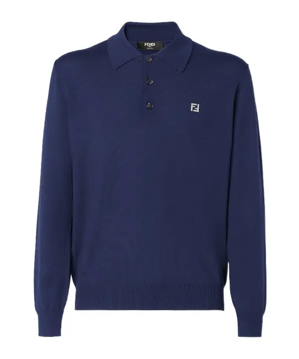 Fendi Ff Plaque Long Sleeved Polo Shirt - Blue