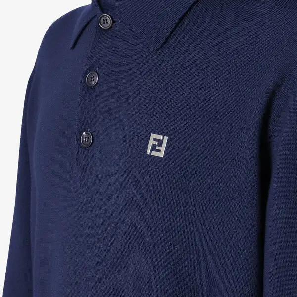 Fendi Ff Plaque Long Sleeved Polo Shirt - Blue