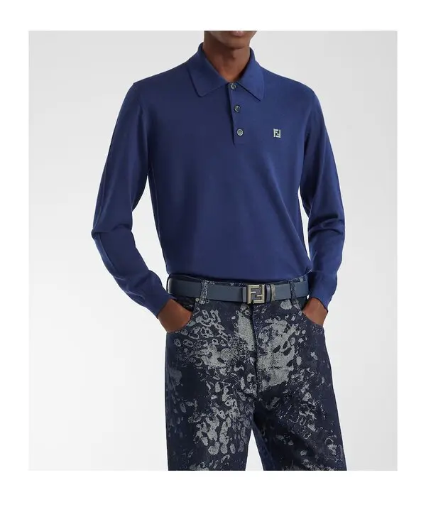 Fendi Ff Plaque Long Sleeved Polo Shirt - Blue