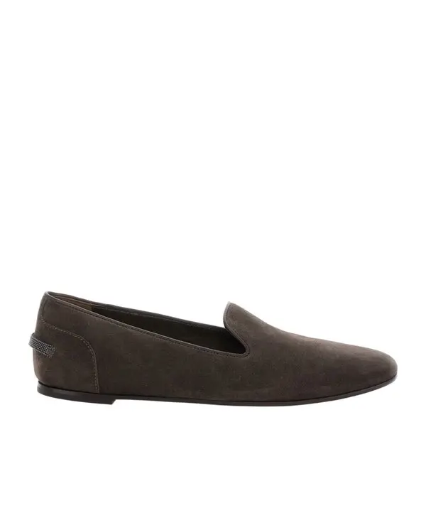 Brunello Cucinelli Suede Slip-on Loafers With Embellished Heel Detail - Black