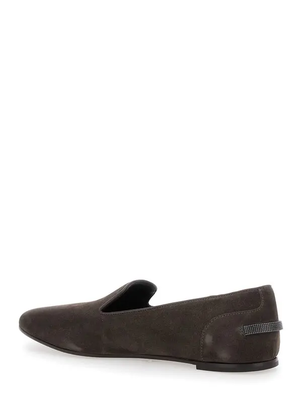 Brunello Cucinelli Suede Slip-on Loafers With Embellished Heel Detail - Black