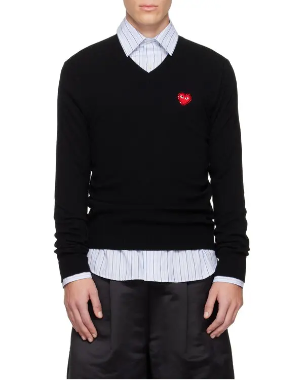 Play Comme Des Garcon V-neck Long Sleeve Sweater With Heart Logo - Black