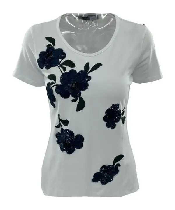 Sportmax Short Sleeve T-shirt With Embellished Floral Applique - Gray