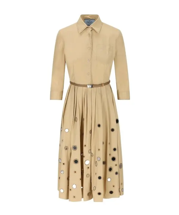 Prada Belted Long-sleeve Midi Dress With Logo Detail
