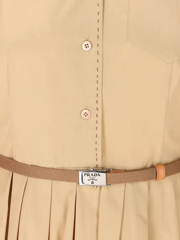 Prada Belted Long-sleeve Midi Dress With Logo Detail