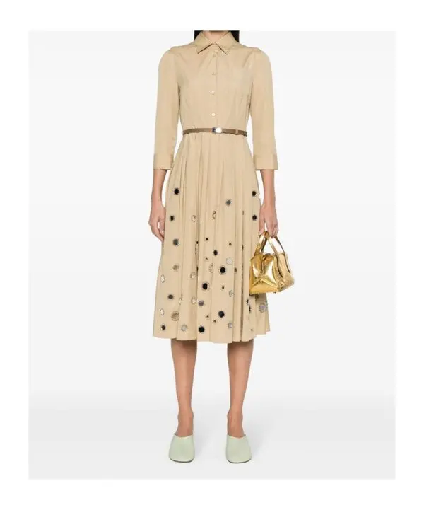 Prada Belted Long-sleeve Midi Dress With Logo Detail