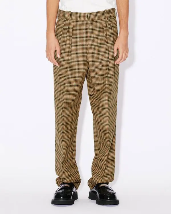 Kenzo Logo Patch Checked Pleated Tailored Trousers