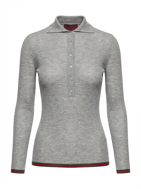 Gucci Ribbed Knit Long Sleeve Polo Shirt - Light Grey