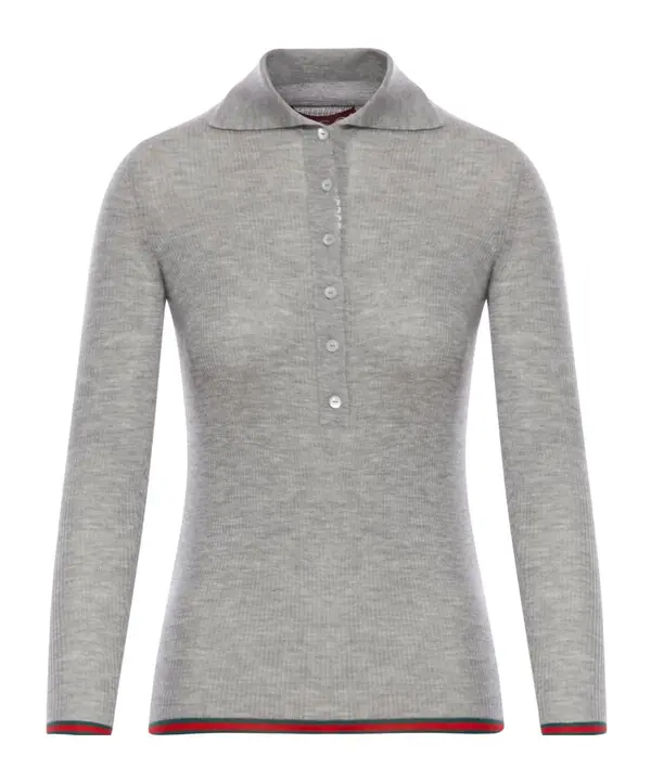Gucci Ribbed Knit Long Sleeve Polo Shirt - Light Grey