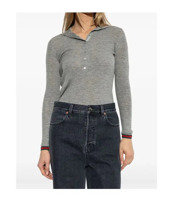 Gucci Ribbed Knit Long Sleeve Polo Shirt