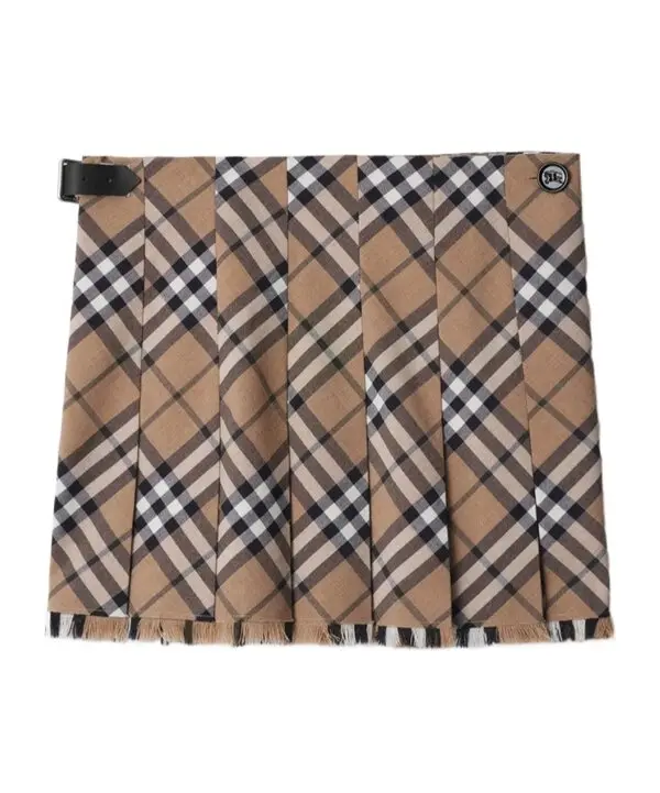 Burberry Checked Pleated Mini Skirt With Fringed Edges