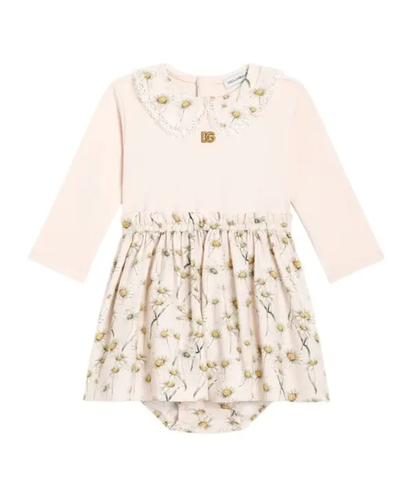 Dolce & Gabbana Daisy Print Bodysuit Dress With Lace Trim - White