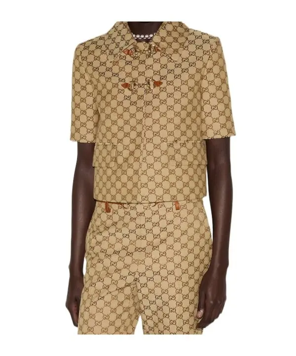 Gucci Monogrammed Short-sleeve Shirt With Leather Trim