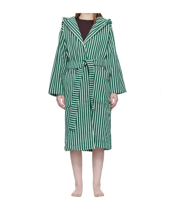 TEKLA Striped Hooded Robe - Blue-green