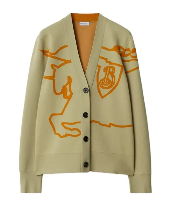 Burberry V-neck Buttoned Cardigan With Equestrian Knight Jacquard - Orion/pumpkin