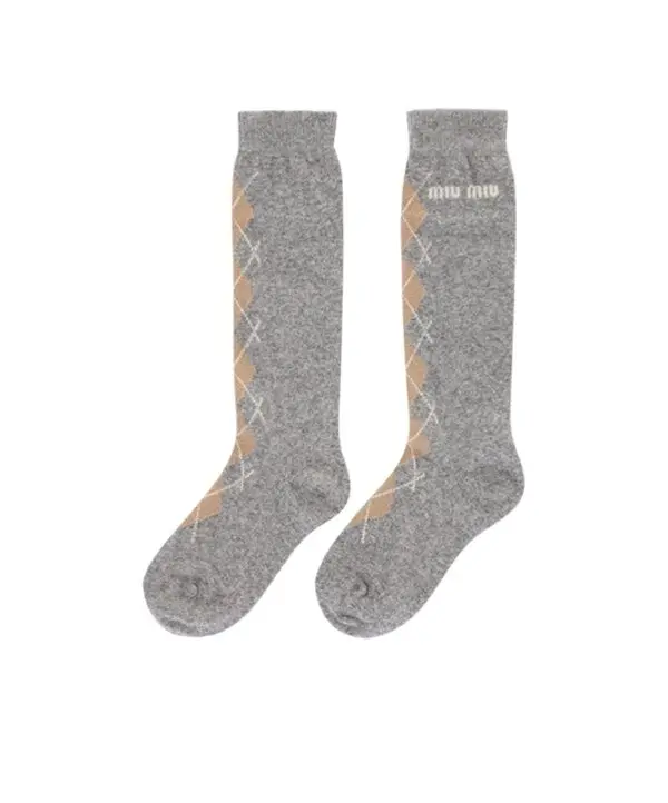 Miu Miu Logo-intarsia Knee-high Socks - Gray/beige