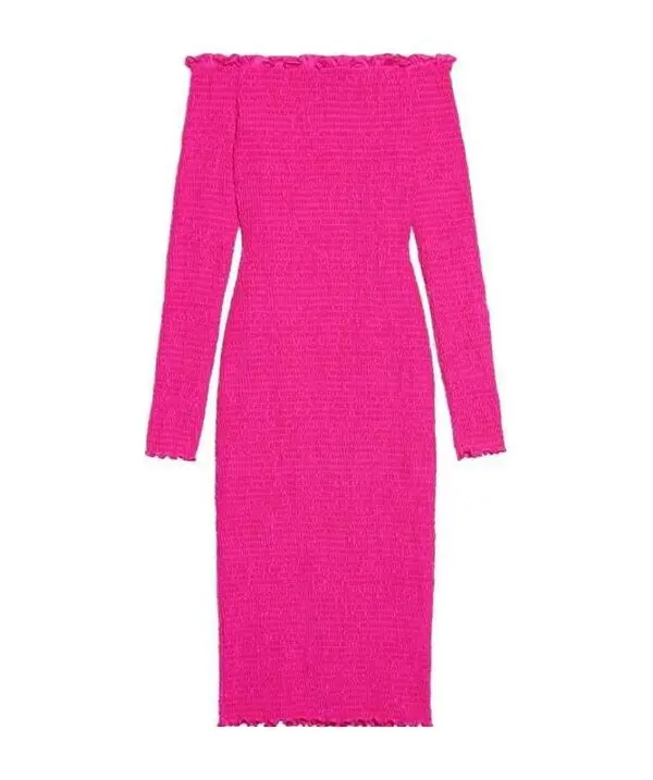Balenciaga Smocked Off-the-shoulder Long Sleeve Mini Dress - Pink
