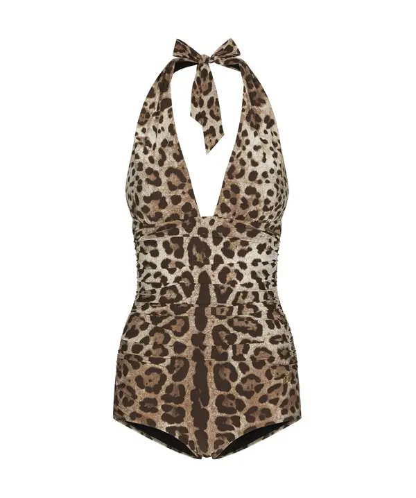 Dolce & Gabbana Leopard-print Halterneck Swimsuit - Black