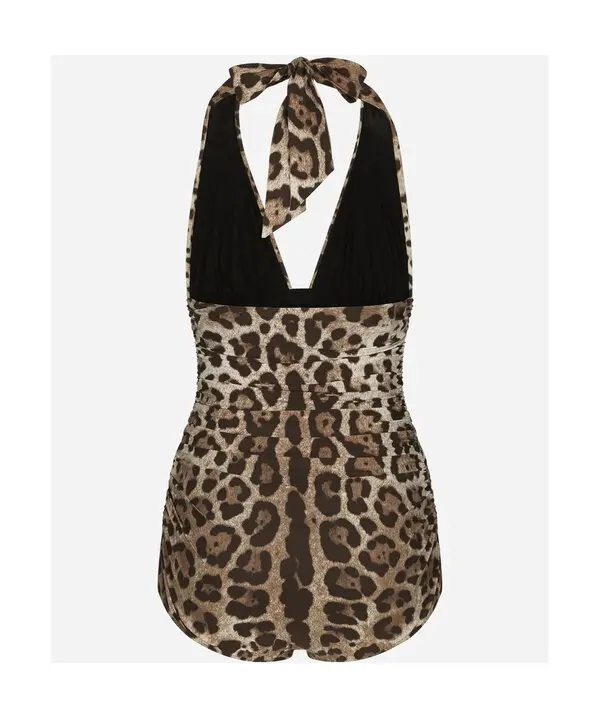 Dolce & Gabbana Leopard-print Halterneck Swimsuit - Black