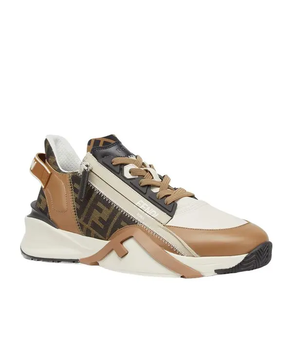 Fendi Leather And Ff Jacquard Sneakers - Brown