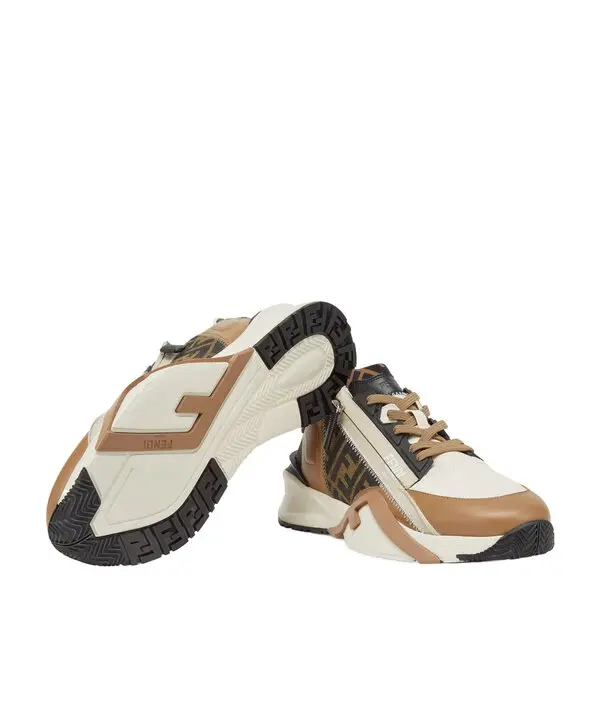 Fendi Leather And Ff Jacquard Sneakers - Brown