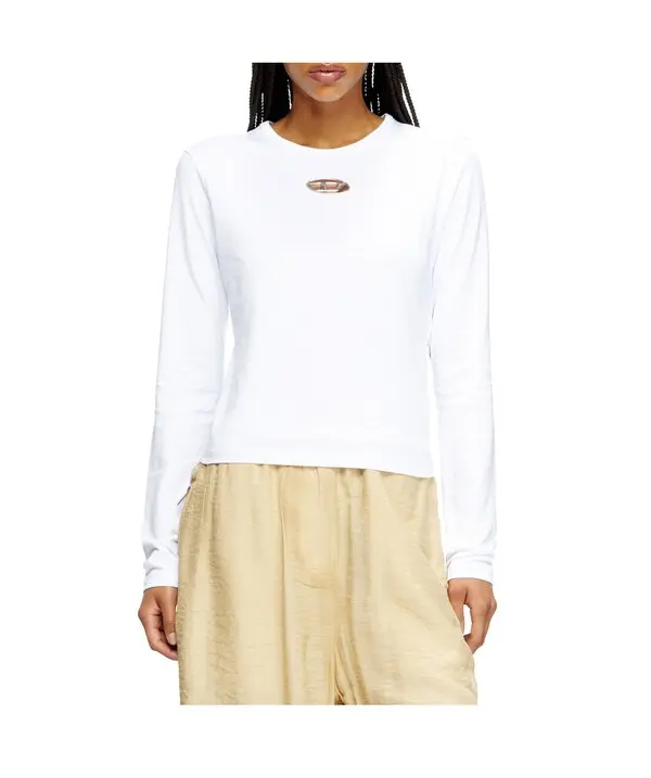 DIESEL® Long Sleeve Stretch Jersey Top With Oval D Cut Out - White