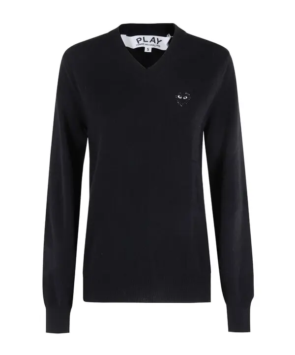 Play Comme Des Garcon Long-sleeved V-neck Sweater With Heart Logo - Black
