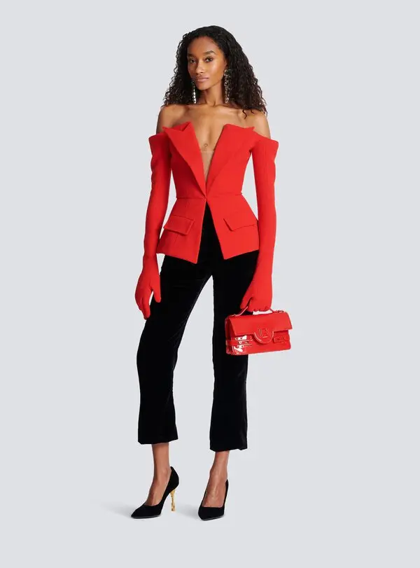 Balmain Off-the-shoulder Peplum Top With Deep V-neck