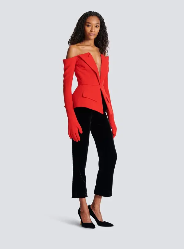 Balmain Off-the-shoulder Peplum Top With Deep V-neck