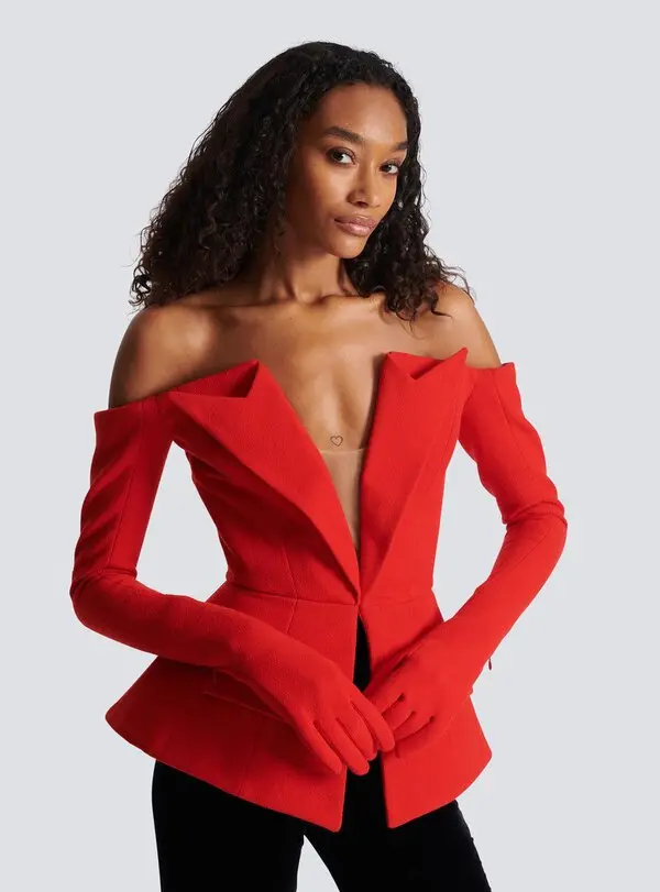 Balmain Off-the-shoulder Peplum Top With Deep V-neck
