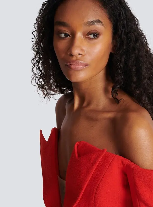 Balmain Off-the-shoulder Peplum Top With Deep V-neck