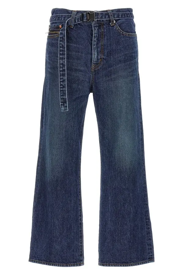 Sacai Boot-cut Belted Denim Jeans - Blue