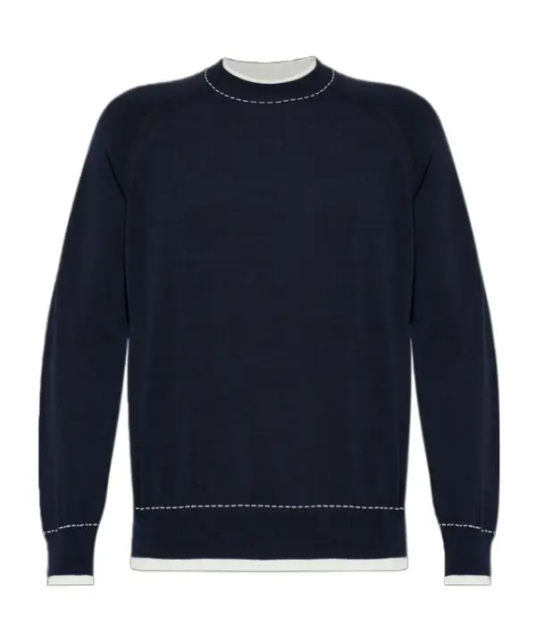 Eleventy Contrast Stitch Knitted Sweater - Navy