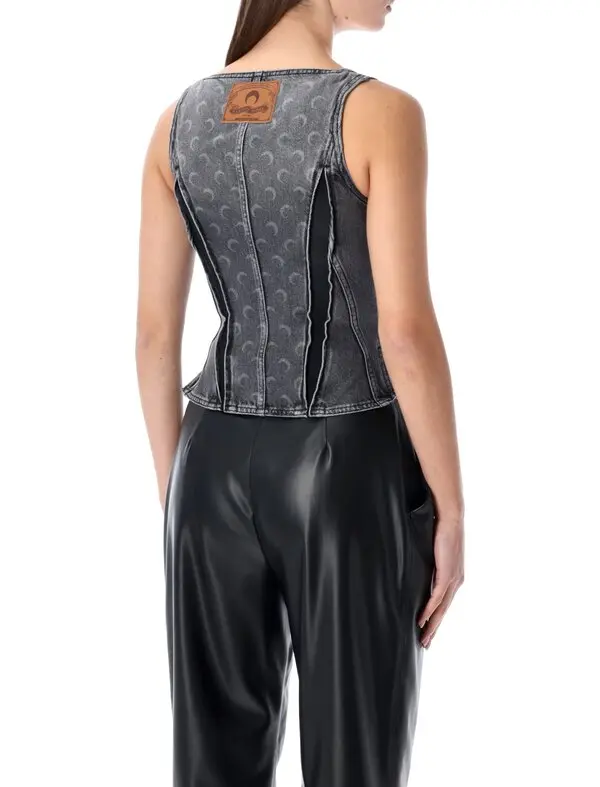 MARINE SERRE Sleeveless Denim Bustier Top With Moon Pattern