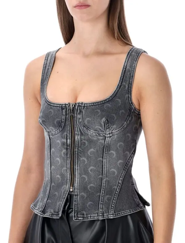 MARINE SERRE Sleeveless Denim Bustier Top With Moon Pattern
