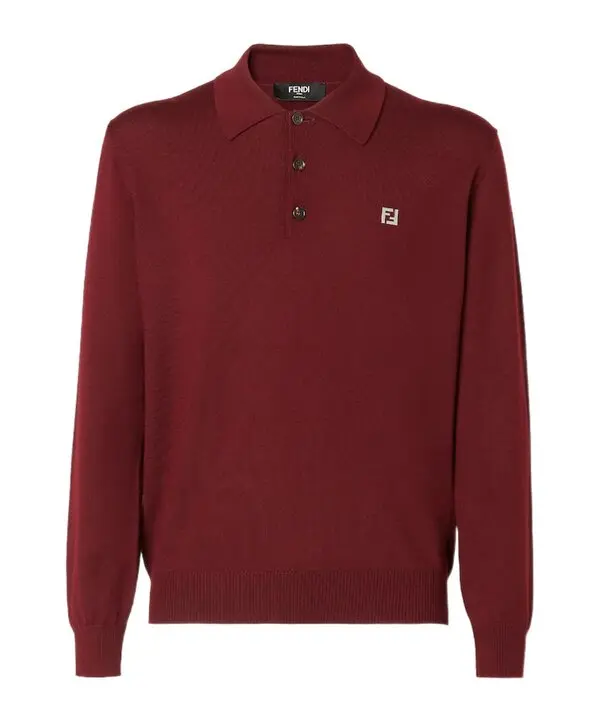 Fendi Ff Plaque Long Sleeved Polo Shirt - Red