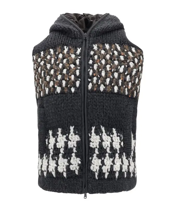 Brunello Cucinelli Macro Prince Of Wales Opera Knit Hooded Down Vest