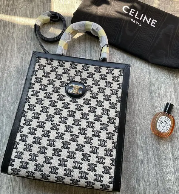 Celine Small Vertical Cabas Textile With Triomphe Embroidery