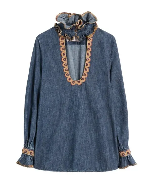 Valentino Garavani Ruffled Long-sleeve Denim Top - Blue