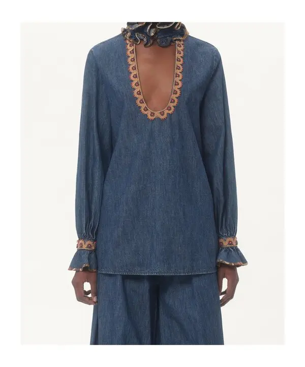Valentino Garavani Ruffled Long-sleeve Denim Top