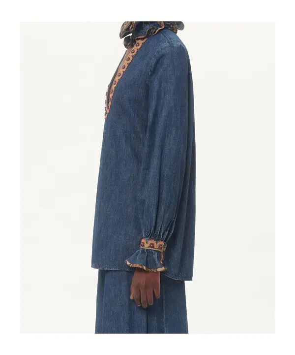 Valentino Garavani Ruffled Long-sleeve Denim Top