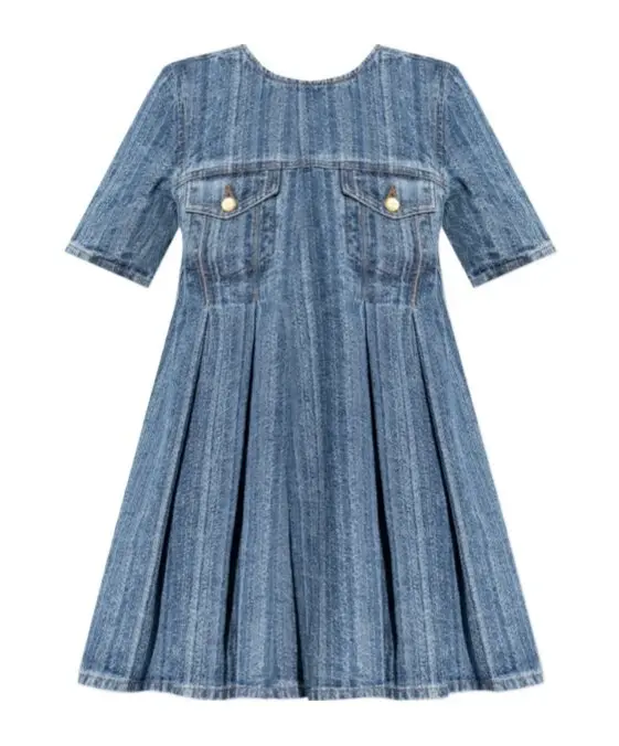 GANNI Striped Denim Pleated Dress - Blue