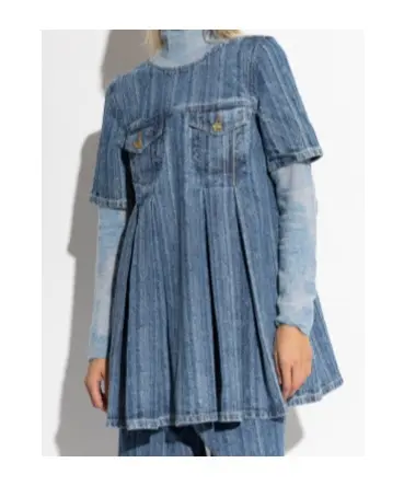 GANNI Striped Denim Pleated Dress - Blue
