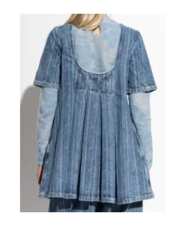 GANNI Striped Denim Pleated Dress - Blue
