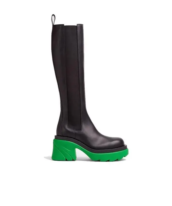 Bottega Veneta Black Knee High Boots With Green Sole - Black/grass Green