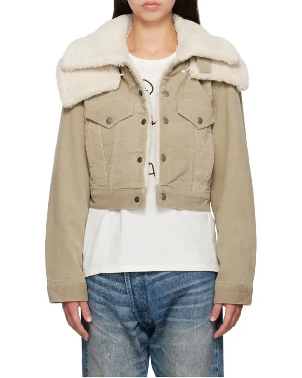 R13 Long Sleeve Cropped Jacket With Shearling Collar