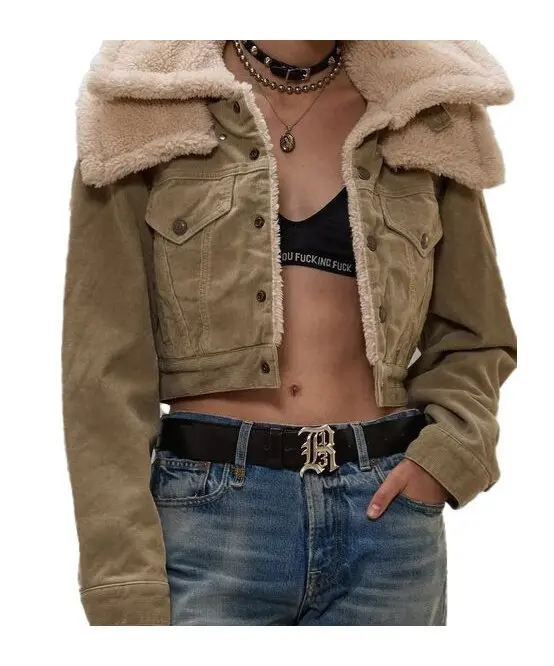 R13 Long Sleeve Cropped Jacket With Shearling Collar