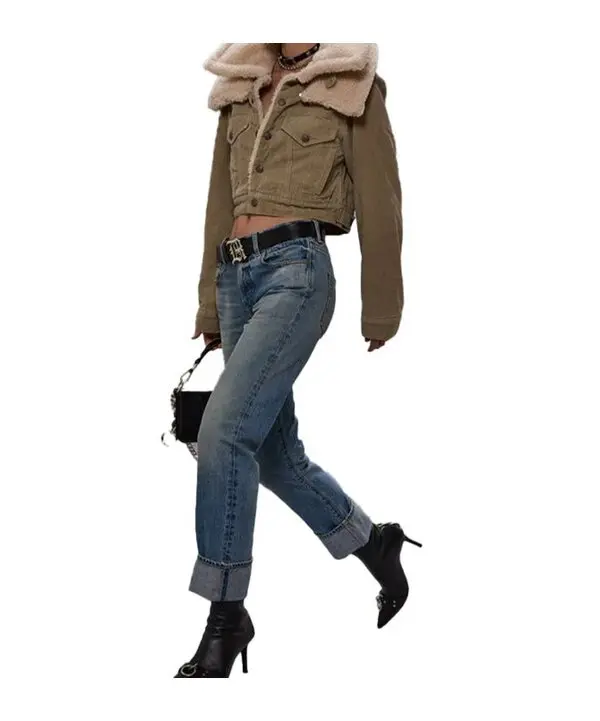 R13 Long Sleeve Cropped Jacket With Shearling Collar