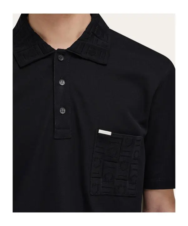 FERRAGAMO V-neck Polo With Jacquard Pocket Detail - Black
